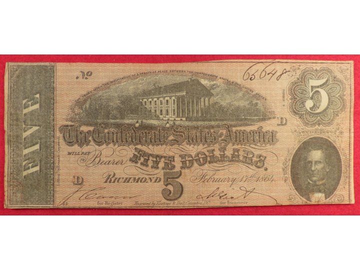 Confederate Five Dollar Note